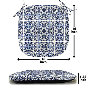 Lunarable Azulejo Chair Seating Cushion Set of 4, Ethnic Portuguese Ceramic Tiles Like Mosaic Motifs Traditional Design, Anti-Slip Seat Padding for Kitchen & Patio, 16"x16", Ivory and Lavender Blue