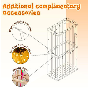 HAHASOLE Stuffed Animal Toy Storage Organizer, 59" Tall Wooden Large Stuffed Animal Holder with Rainbow Elastic Rope and Star String Lights, Zoo Cage for Nursery, Play Room, Bedroom…