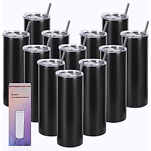 Wzaytia 12 Pack 20 Oz Straight Skinny Tumblers,Individually Gift Boxed Stainless Steel Slim Skinny Tumbler Set Bulk, 20 Oz Insulated Slim Thin Travel Tumbler Cup for Diy, Black