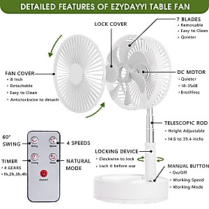 EZYDAYYI Rechargeable Battery Operated Fan for Bedroom, 7200 mAh 8 inch Foldable Oscillating Fan with Remote and Timer, 4 Speeds Portable Floor Standing Fan Small Table Desk Fan for Travel Camping