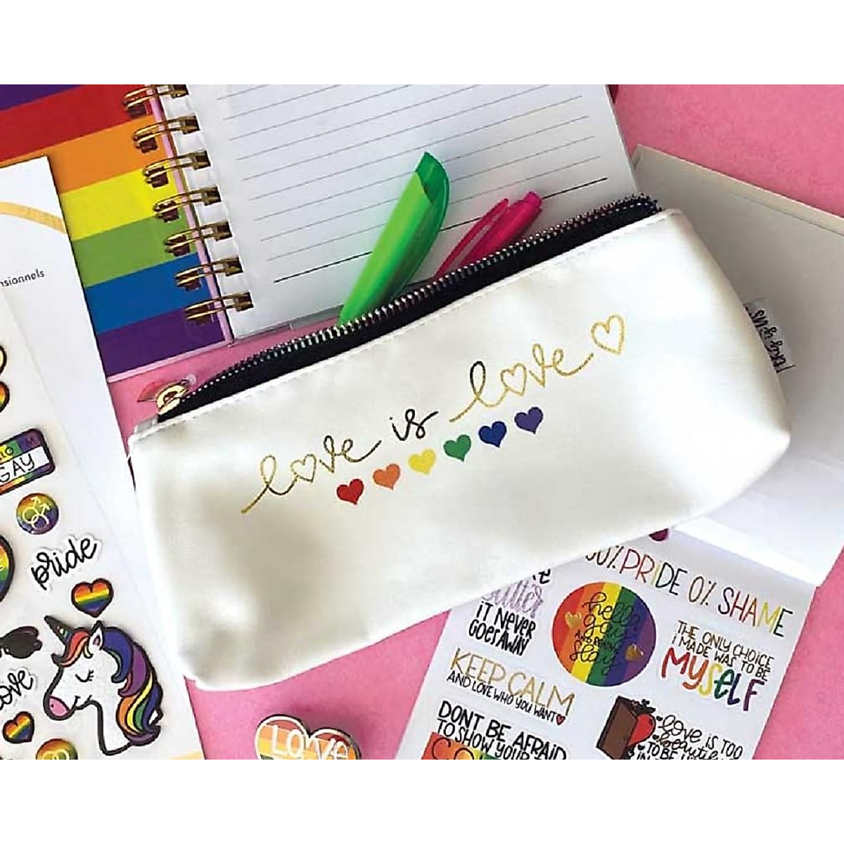 Paper House Productions Love is Love Rainbow Hearts 8.5" x 3.25" Supple Vegan Leather Zipper Pouch