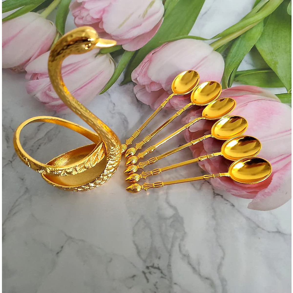 Gold Coffee Spoon with Metal Swan Base Holder with 6 Spoons Organizer, Stainless Steel Serving Bar Dessert Spoon for Cake CountertopTableware Household