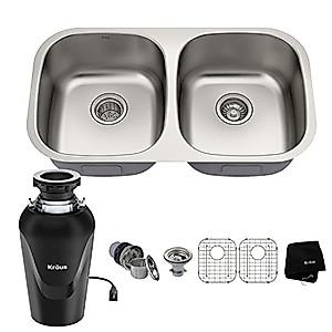 KRAUS Premier 32-inch 16 Gauge Undermount 50/50 Double Bowl Stainless Steel Kitchen Sink with WasteGuard™ Continuous Feed Garbage Disposal, KBU22-100-75MB
