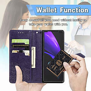 for Samsung Galaxy Z Fold 5 Case,Samsung Z Fold 5 Wallet Case,Flip Case PU Leather Emboss Henna Floral Mandala Flowers Folio Magnetic Kickstand Cover Card Slots for Samsung Galaxy Z Fold 5 Purple