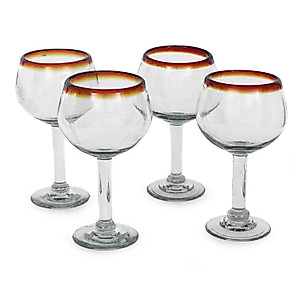 NOVICA Hand Blown Clear Brown Recycled Glass Wine Glasses, 12 Oz 'Amber Globe'(Set Of 4),Brown Clear