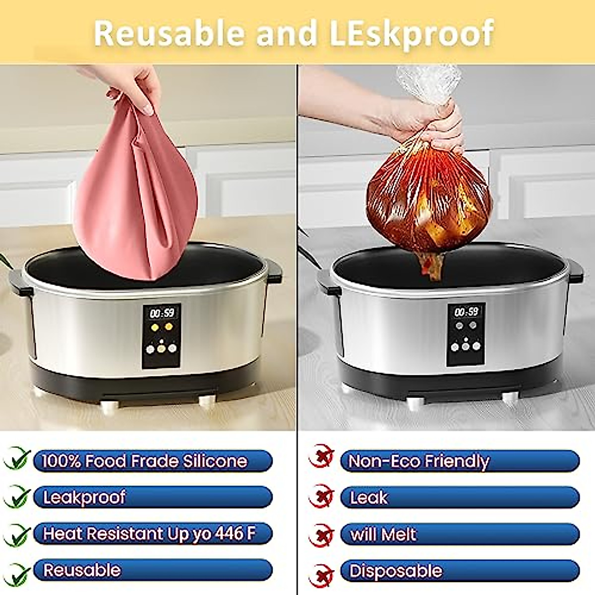 Silicone Slow Cooker Liners Fits for 6-8 Quarts Crockpot,Reusable Silicone Cooking Bags Liners,Dishwasher Safe/Easy Clean/Leakproof/Slow Cooker Accessories for Oval Or Round Cooker (pink+yellow,7-8QT)