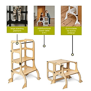 Ette Tete STEP'n'SIT® • Montessori Helper Tower - Table • Convertible Step Stool 2-in-1 with Support Legs (with Brass Clasps, White)