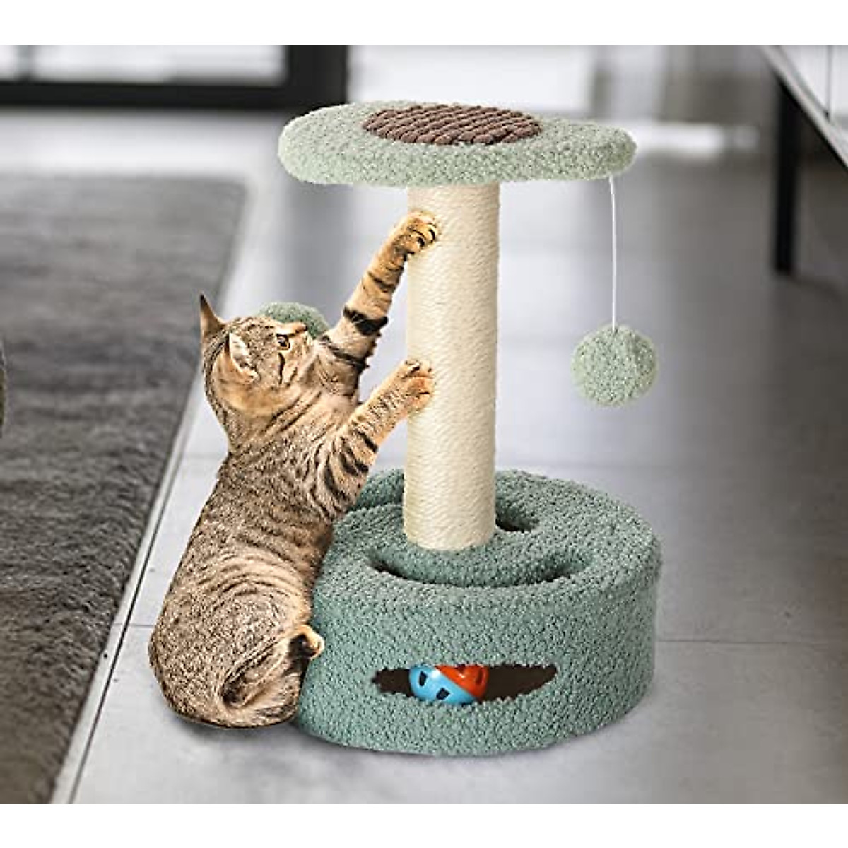 JIXIANGDOG Cat Scratching Post Cat Scratcher for Indoor Cats Natural Sisal Covered Cats Scratch Toy with Interactive Track Balls and Soft Dangling Ball for Kitten and Adult Cats