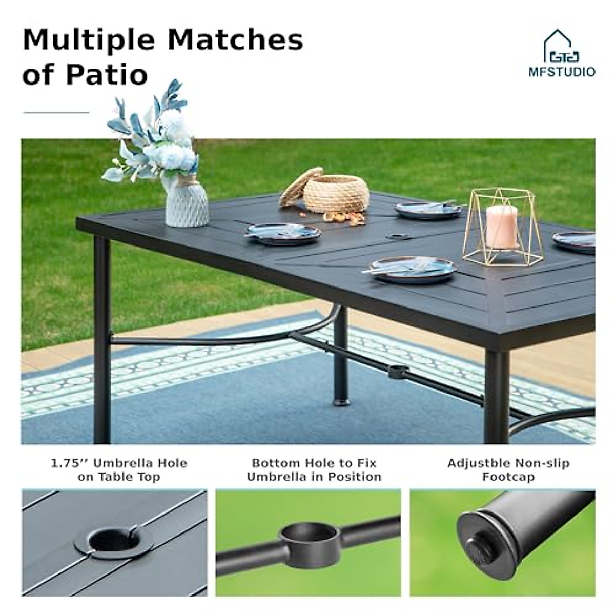 MFSTUDIO 7 Pieces Outdoor Patio Dining Set for 6, Steel Frame Slat Larger Rectangular Fretwork Table with 1.7" Umbrella Hole and 6 Metal Mesh Chairs for Backyard, Garden, Lawn