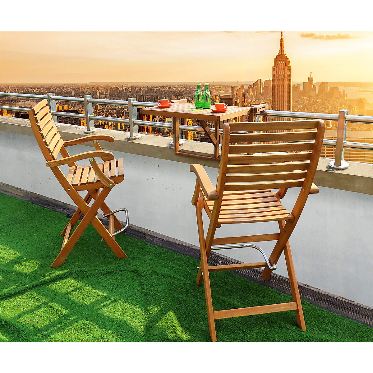 INTERBUILD REAL WOOD Acacia Hardwood Foldable Casino Bar Height Chair with Foot and Arm Rests, 26" Tall, 2 Piece Set - Golden Teak