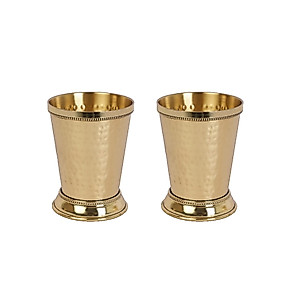 HANDTECHINDIA Mint Julep Cups For Bourbon Cocktail Moscow Mule Kentucky Derby Classic Beaded Trim Border Made by Soild Brass Capacity-12 Ounce (Hammered, 2)