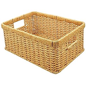 OUNONA Wicker Baskets for Shelves Toilet Paper Basket Rectangular Rattan Baskets with Built-in Handles Hand-woven Water Hyacinth Storage Baskets - Khaki