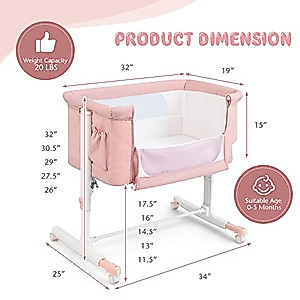 BABY JOY Bassinet Bedside Sleeper, 3 in 1 Folding Crib w/Adjustable Height, Mattress, Lockable Wheels, Storage Pocket & Carry Bag for Infant Newborn, Stationary & Rock, Portable Baby Bassinet (Pink)