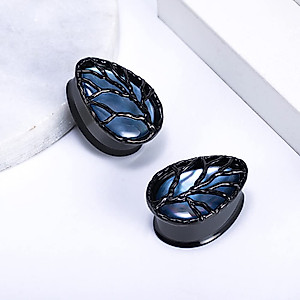 PUNKYOUTH 2PCS Teardrop Pearl Shell Ear Gauges Saddle Tunnels Double Flared Plugs Life Tree Elegant Stainless Steel Expander Stretcher Earrings For Women Guage 0g-1"