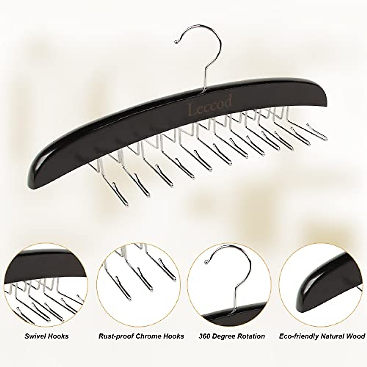 Leccod Upgrade Tank Top Hanger, Bra Hangers Space Saving Wooden 360° Rotating Non-Slip 24 Foldable Metal Hooks Closet Organizer for Camisoles, Bras, Belts, Scarfs(Black,1 Pack)