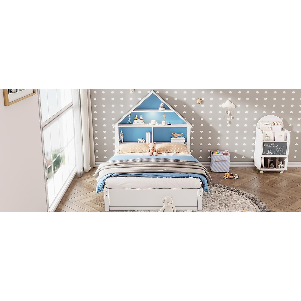 TURRIDU Full Size House-Shaped Bed with Led Light&Bookcase Headboard,Wood Platform Bed with Pull-out Trundle,No Box Spring Needed,Montessori Floor Bed, Blue+ White