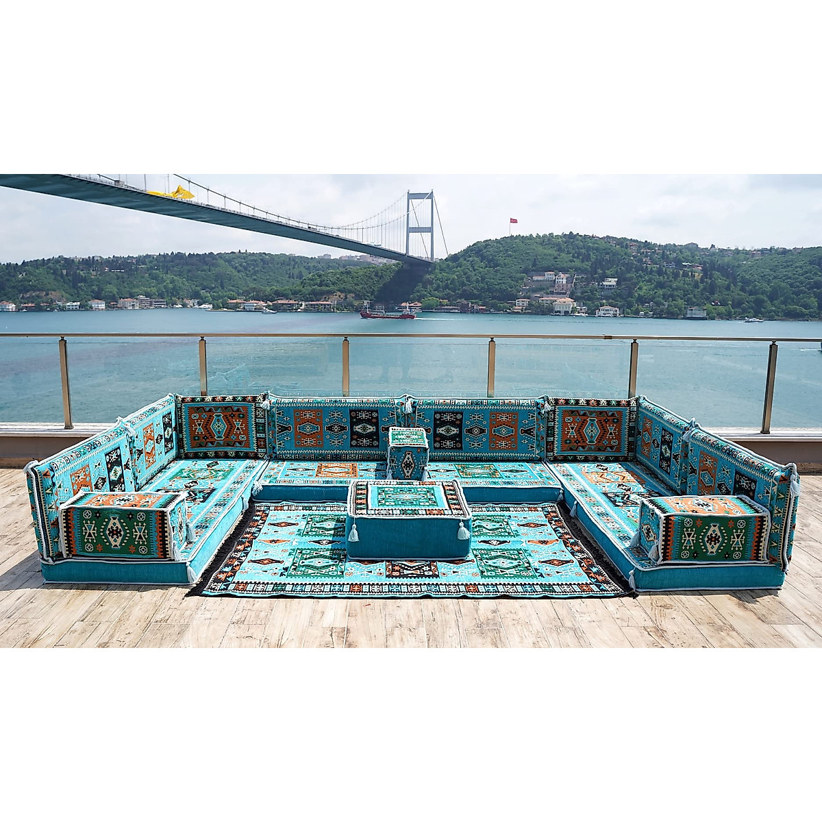 Light Blue Floor Seating Set, Corner Floor Sofa Set, Arabic Majlis, U Shaped Arabic Sofa Set, Sectional Sofas, Floor Cushions, Arabic Jalsa (U Sofa Full Set)