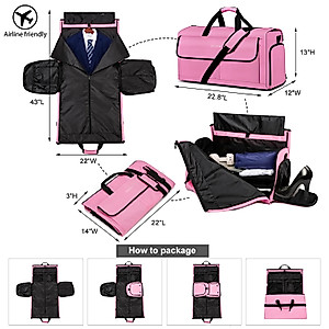 Carry On Garment Bag for Women, Durable Garment Duffle Bag for Travel with Shoes Compartment, Convertible & Foldable 2 in 1 Hanging Dress Weekender Suitcase Suit Travel Bag, Gifts for Women, Pink