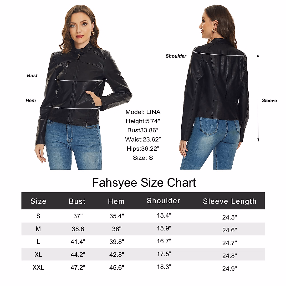 Fahsyee Black Faux Leather Jackets for Women Zip Up Motorcycle Short PU Moto Biker Outwear Fitted Slim Coat Size L
