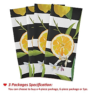 Summer Lemon Orange Kitchen Dish Towels Set of 4, Black Stripes Absorbent Hand Towels, Lint-Free 18"x28" Fast Drying Hanging Dishcloths for Cooking Baking Home Tea Bar Clean