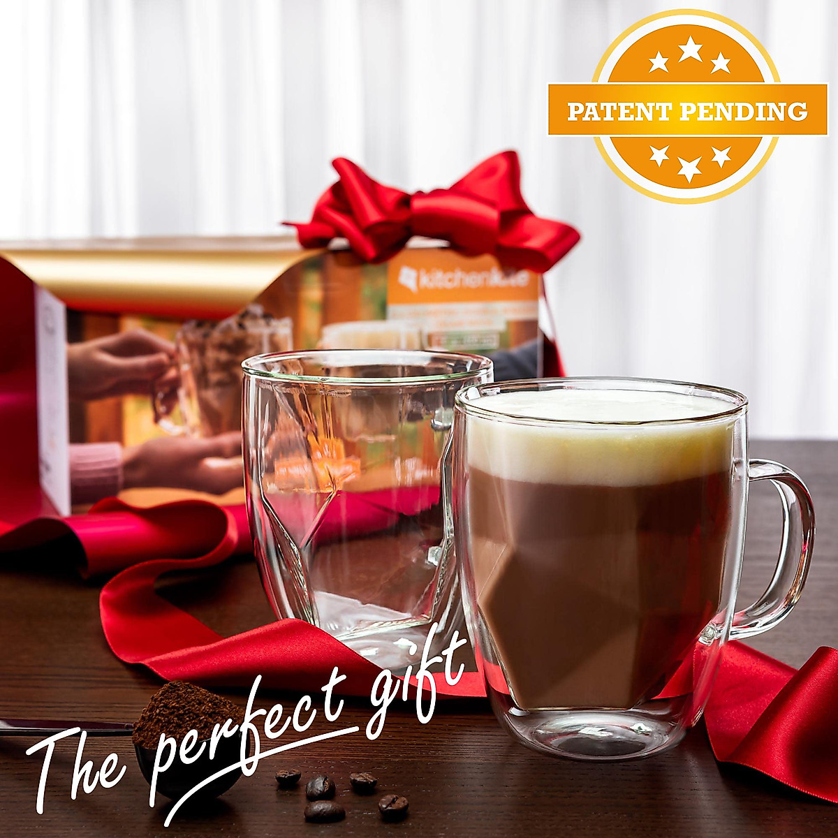 Double Wall Glass Coffee Mugs 16 oz - Large Clear Set of 2 - Patent Pending Geometric Modern Novelty Design - Insulated & Double Walled Glass Coffee Mugs. Ideal for Latte & Cappuccino