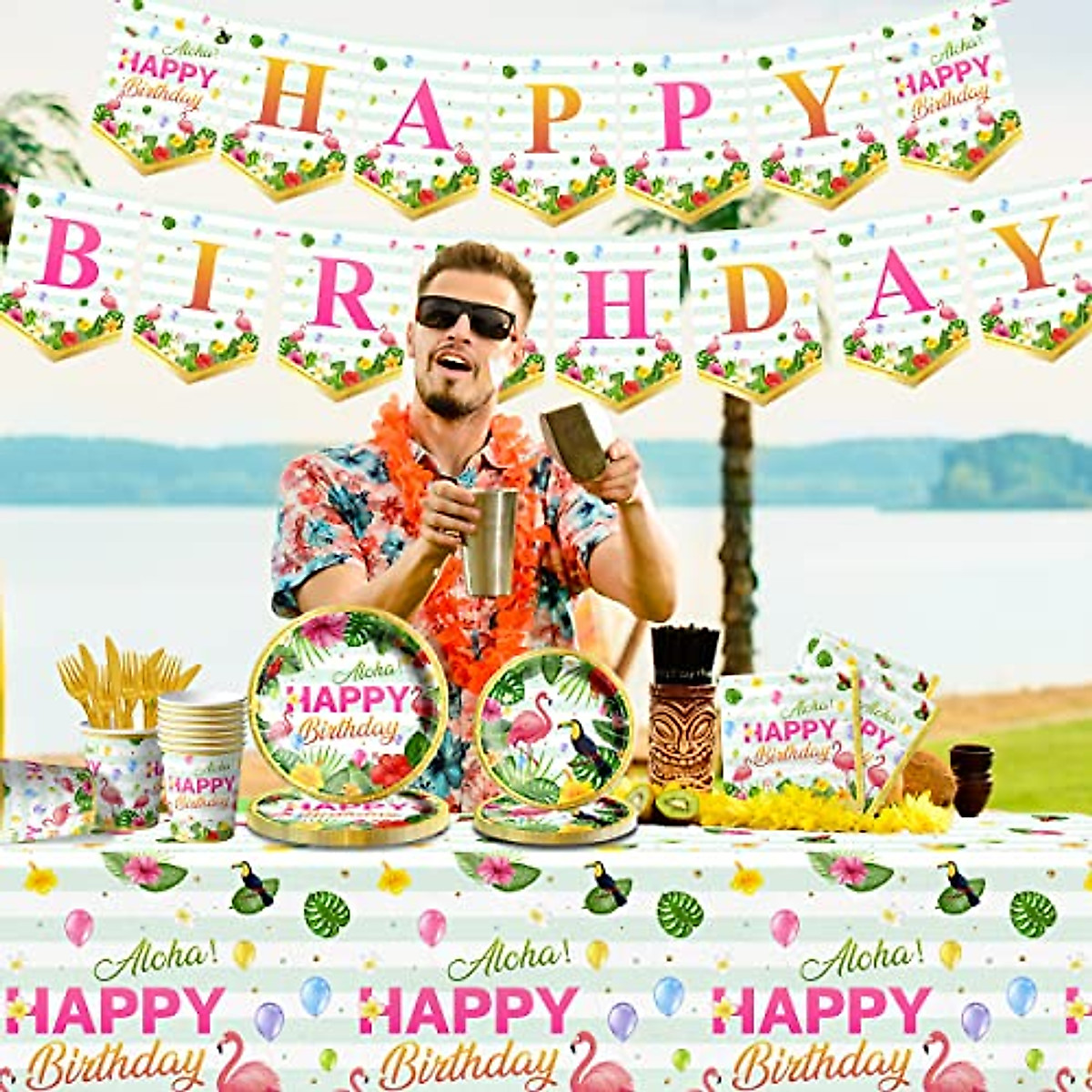 Luau Party Supplies,142pcs Aloha Birthday Tableware (Serves for 20) Hawaiian Theme Plates Cups Tablecloth Napkins for Tropical Birthday Party Decoration