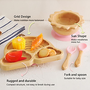 Bamboo Suction Plates Bowls Set for Baby Toddler Divided Platter Food bowl with Silicone Fork & Spoon All-Natural Baby Feeding Set for Baby-Led Weaning, Non-Slip Design
