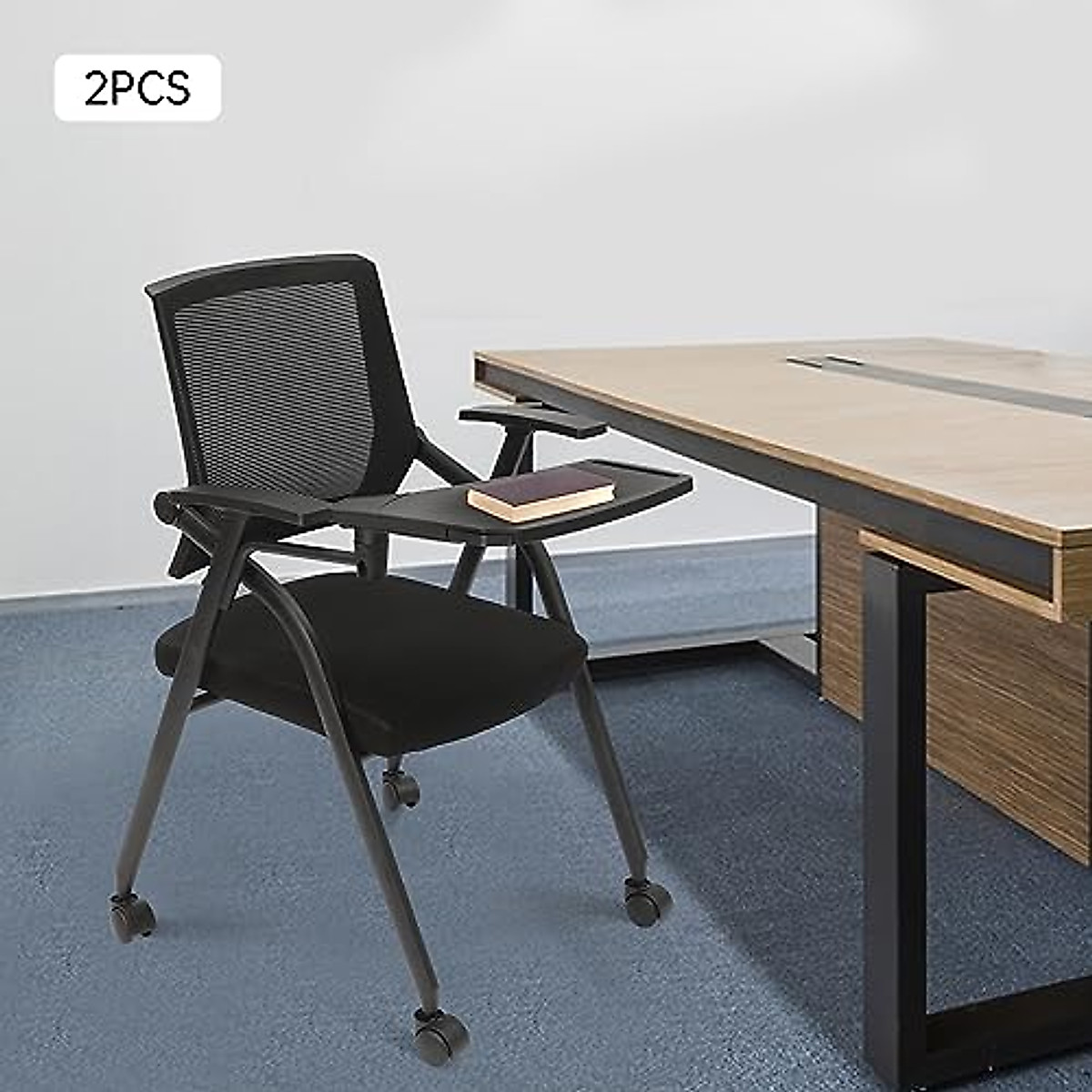 YIYIONCE 2 Pack Tablet Arm Chair, Office Guest Chairs & Reception Chairs with Wheels Foldable & Stackable Meeting Chair Black Mesh Bouncing Back Chair for Office Meetings & Reception| US Stock