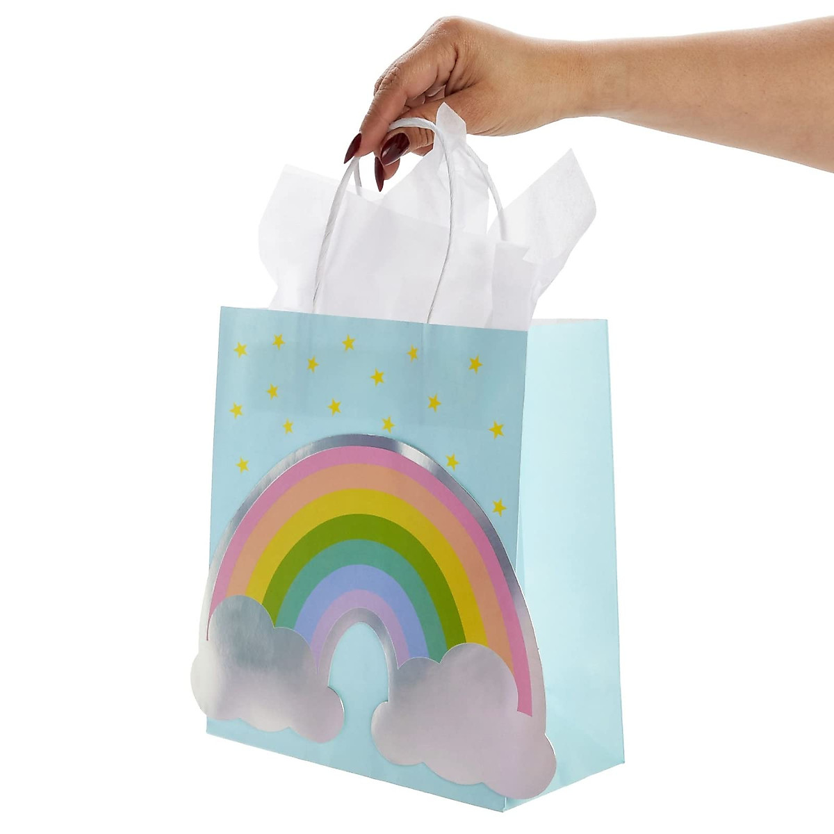 Rainbow Gift Bags with Handles and White Tissue Paper (15 Pack)