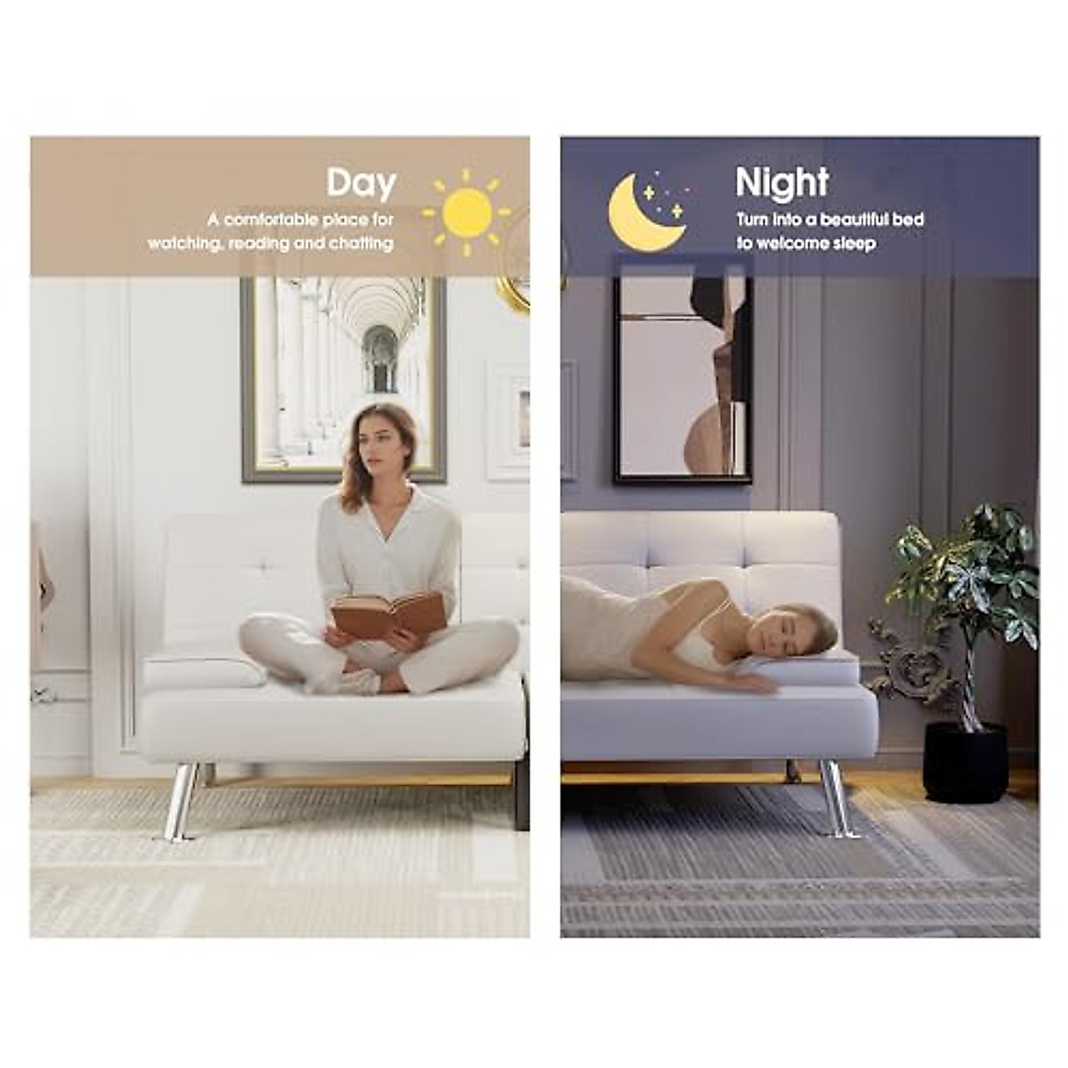 Flamaker Futon Sofa Bed Modern Folding Futon Set Faux Leather Convertible Recliner Lounge for Living Room with 2 Cup Holders, Removable Armrests (Faux Leather, White)