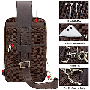 Full Grain Leather Sling Bag for Men Small Tablet Backpack Fits 10 Inch Tablet Mini Hiking Crossbody Shoulder Chest Bags