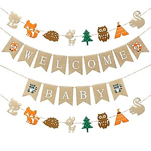 Woodlands Baby Shower Decorations Woodland Boy Baby Shower Banners, 1 Welcome Little Baby Banner, 2 Woodland Creatures Banners Deer Forest Animal Friends Garland Baby Shower Birthday Party Decor