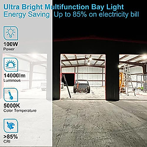 Lightdot 8Pack 100W LED High Bay Light with 3 Adjustable Panels, 5000K 14000LM Super Bright Shop Lights, LED Commercial Bay Lighting with 5ft UL Cable Plug for Barn/Warehouse/Workshop