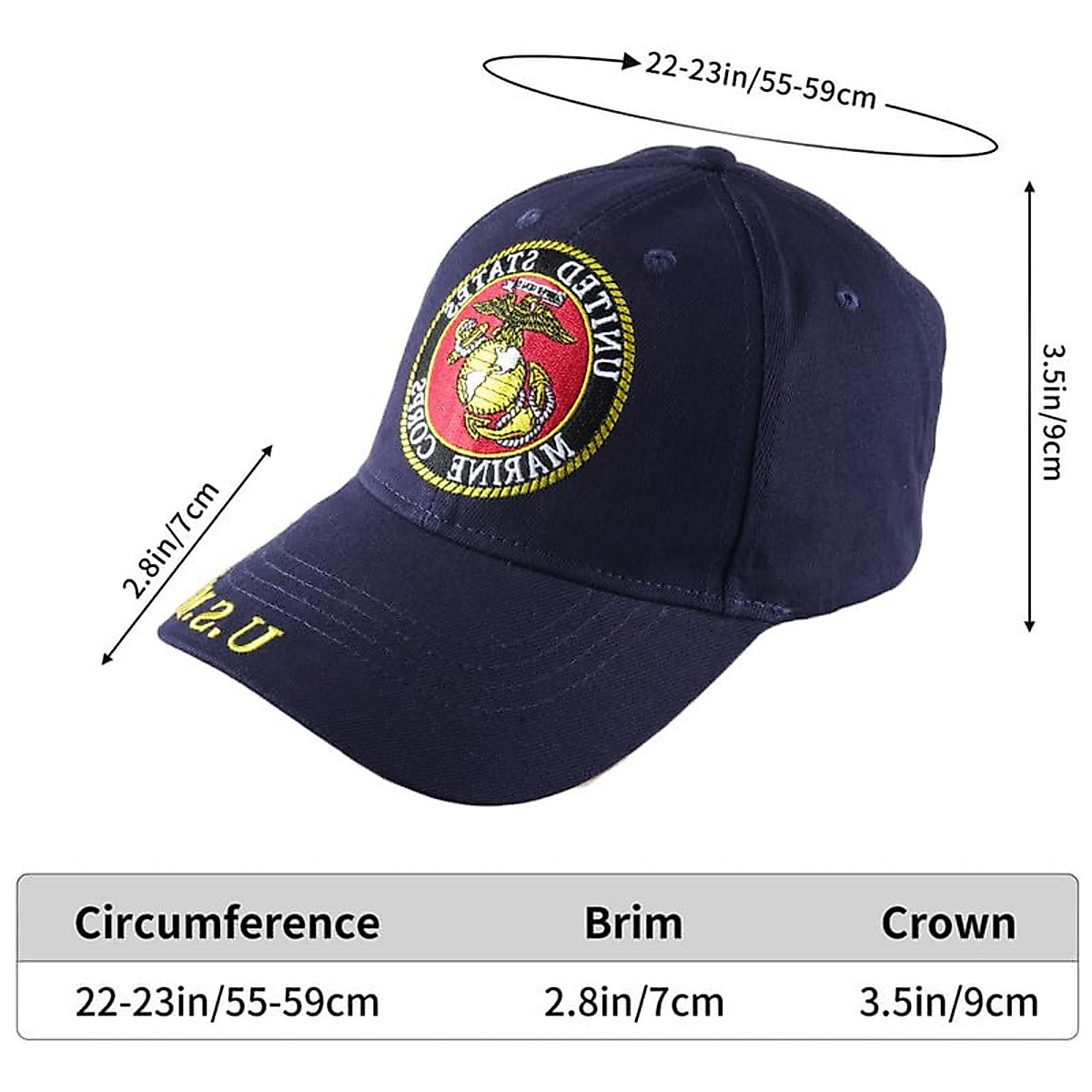 USMC Logo Hat for Men and Women, Officially Licensed Product, Adjustable Velcro Strap Baseball Cap - USMC Logo Embroidered Baseball Cap Beautifully Stitched Lettering on Front & Back (Navy Blue)