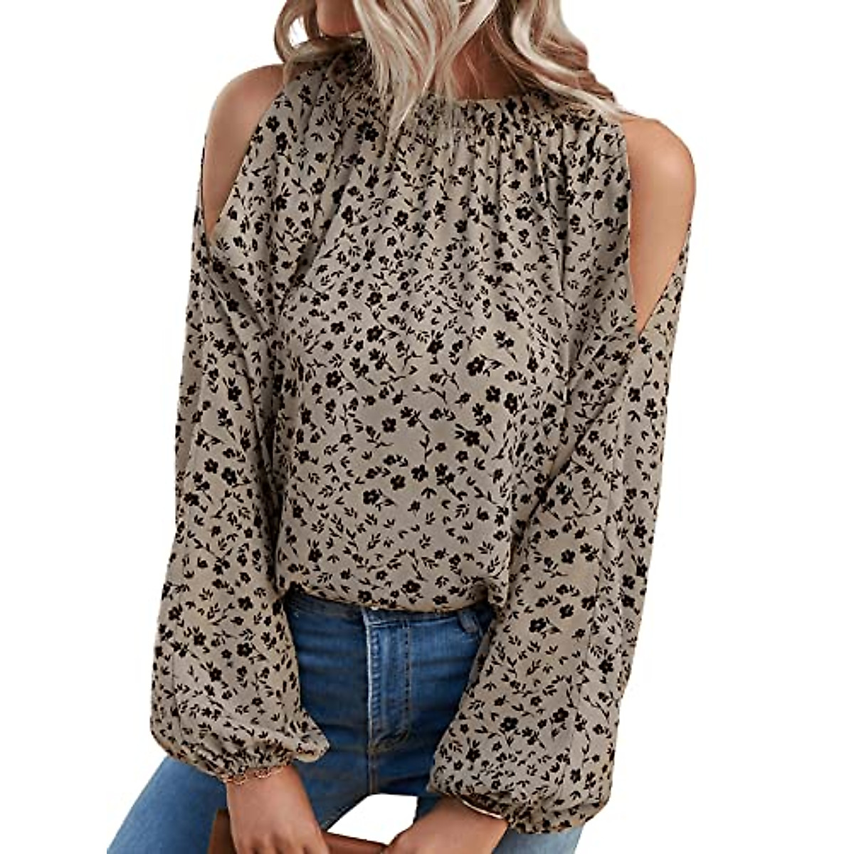 Verdusa Women's Cold Shoulder Bishop Sleeve Floral Print Blouse Shirt Top Khaki L