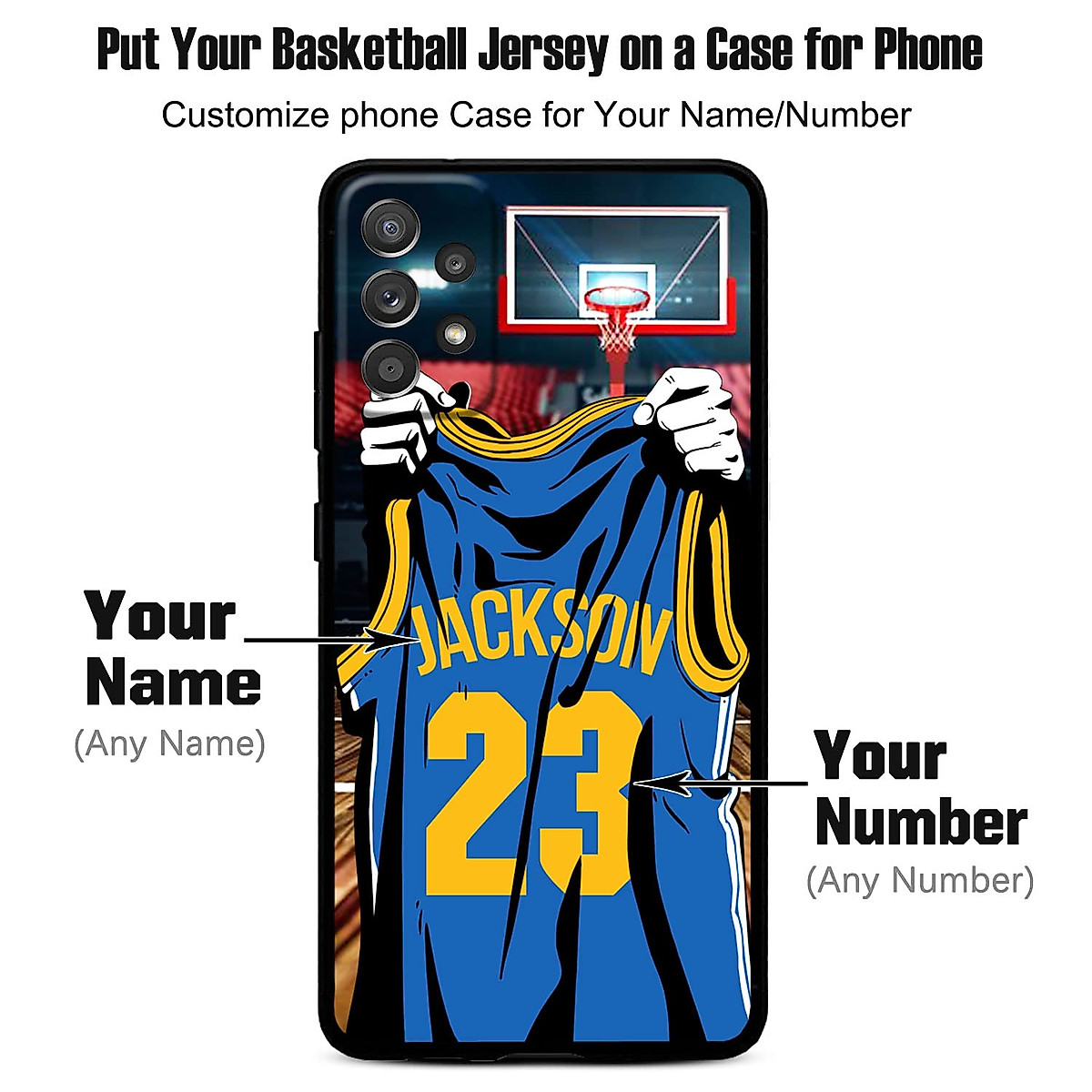 VNGDA DIY Custom Name & Number - Golden State Basketball Jersey - Liquid Silicone Case for Samsung Galaxy A53 5G A14 A73 A12 A42 A32 A02S A71 A22 4G A33,with Camera Protection Case for Boy
