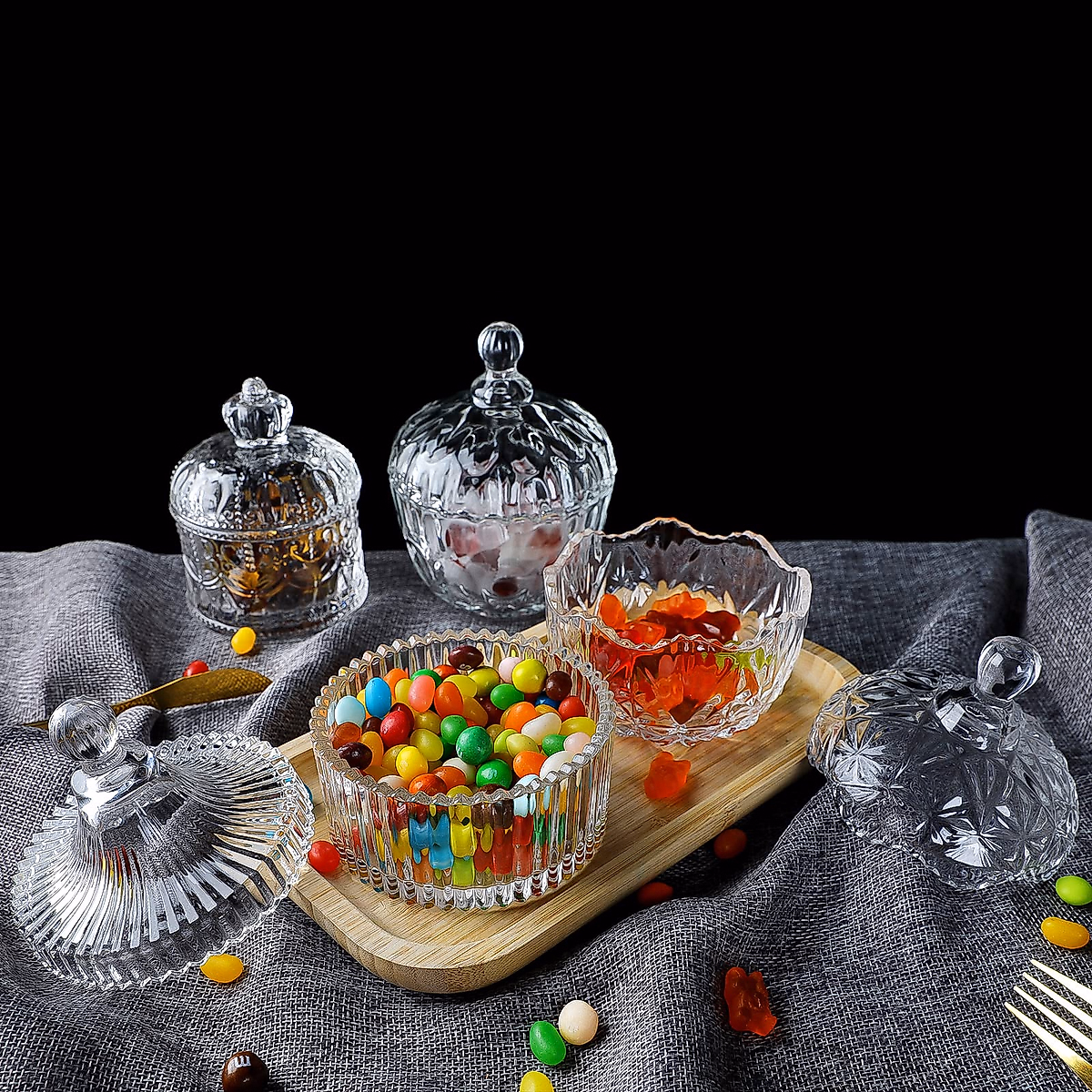INFTYLE Glass Candy Dish with Lid Set of 4 Crystal Glass Candy Jar Jewelry Box Dappen Dish Cookie Jar for decorative storage gift idea (4pcs Clear)…