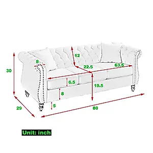 Fulocseny 3 Seater Chesterfield Sofa Velvet for Living Room,80" Sofa Tufted Upholstered Couch with Rolled Arms and Nailhead,Bedroom,Office,Apartment,Two Pillows (Velvet, Beige)