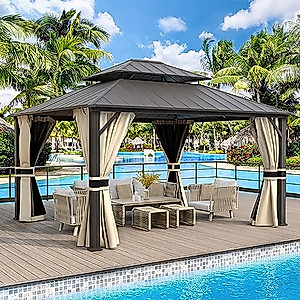 VONZOY 12' x 14' Hardtop Gazebo, Heavy Duty Double Roof Galvanized Steel Outdoor Metal Gazebo with Nettings & Curtains, Aluminum Gazebo with Vertical Stripes Roof for Patio, Backyard, Lawns [Beige]