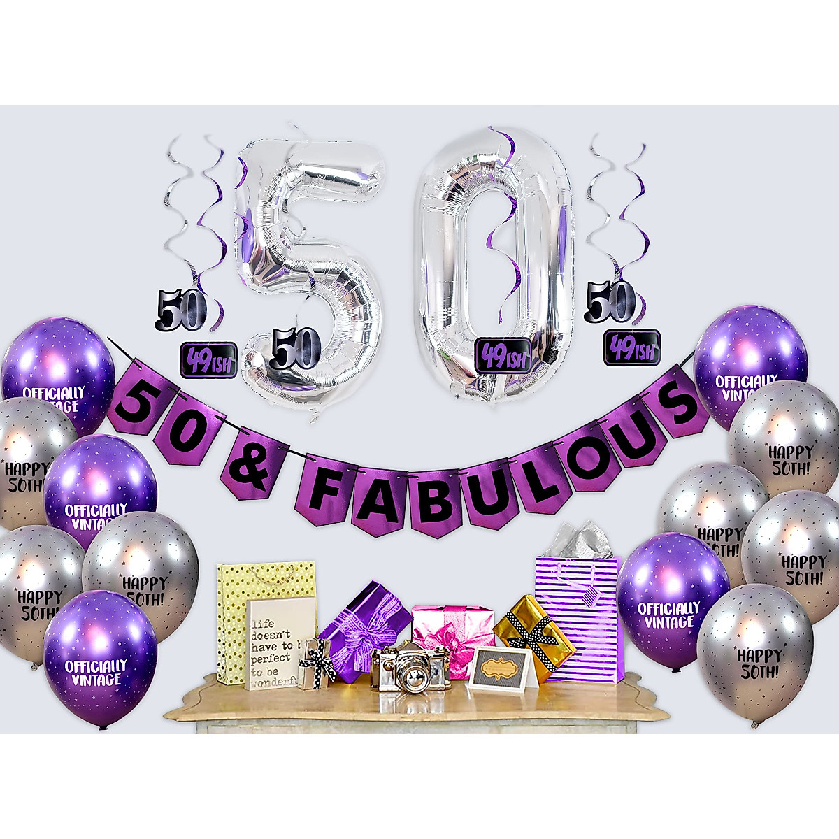 50 & Fabulous Birthday Party Pack - Purple & Silver Happy Birthday Bunting, Balloon, and Swirls Pack- Birthday Decorations - 50th Birthday Party Supplies