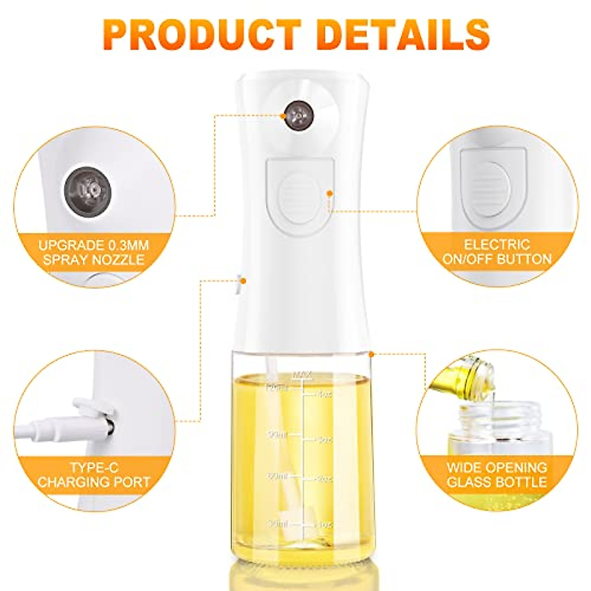 Secmote Electric Oil Sprayer for Cooking, Olive Oil Spray Bottle, Glass Oil Sprayer Mister, Real Fine Mist Oil Spritzer Dispenser, Kitchen Gadgets for Salad, Baking, Air Fryer, Roasting, Frying