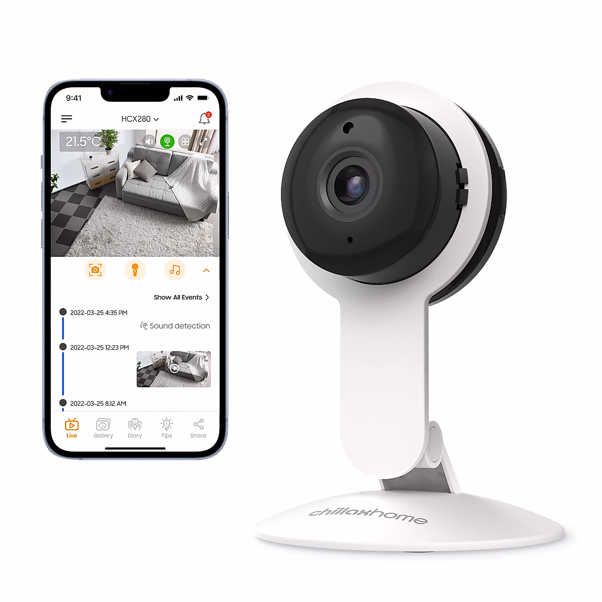 CHILLAX HCX280 Smart WiFi Home Camera FHD 1080p Indoor Security Baby Pet Home Surveillance Sound & Motion Detection 2-Way Audio Night Vision SD-Card Slot Work with ChillaxCare App