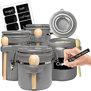 Home Intuition 4-Piece Ceramic Kitchen Canisters Set, Airtight Containers with Wooden Spoons Reusable Chalk Labels and Marker for Sugar, Coffee, Flour, Tea (Black)