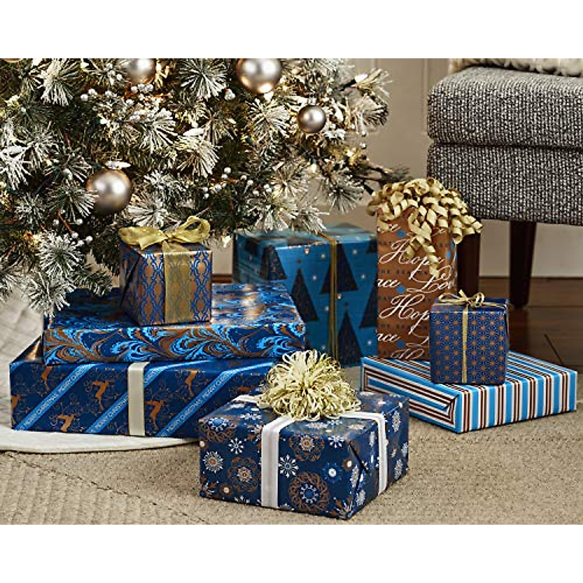 Hallmark Reversible Christmas Wrapping Paper Bundle, Elegant Blue and Gold (4 Rolls: 150 sq. ft. ttl.) Dark Blue, Gold, Teal Snowflakes, Peace, Stripes, Geometric