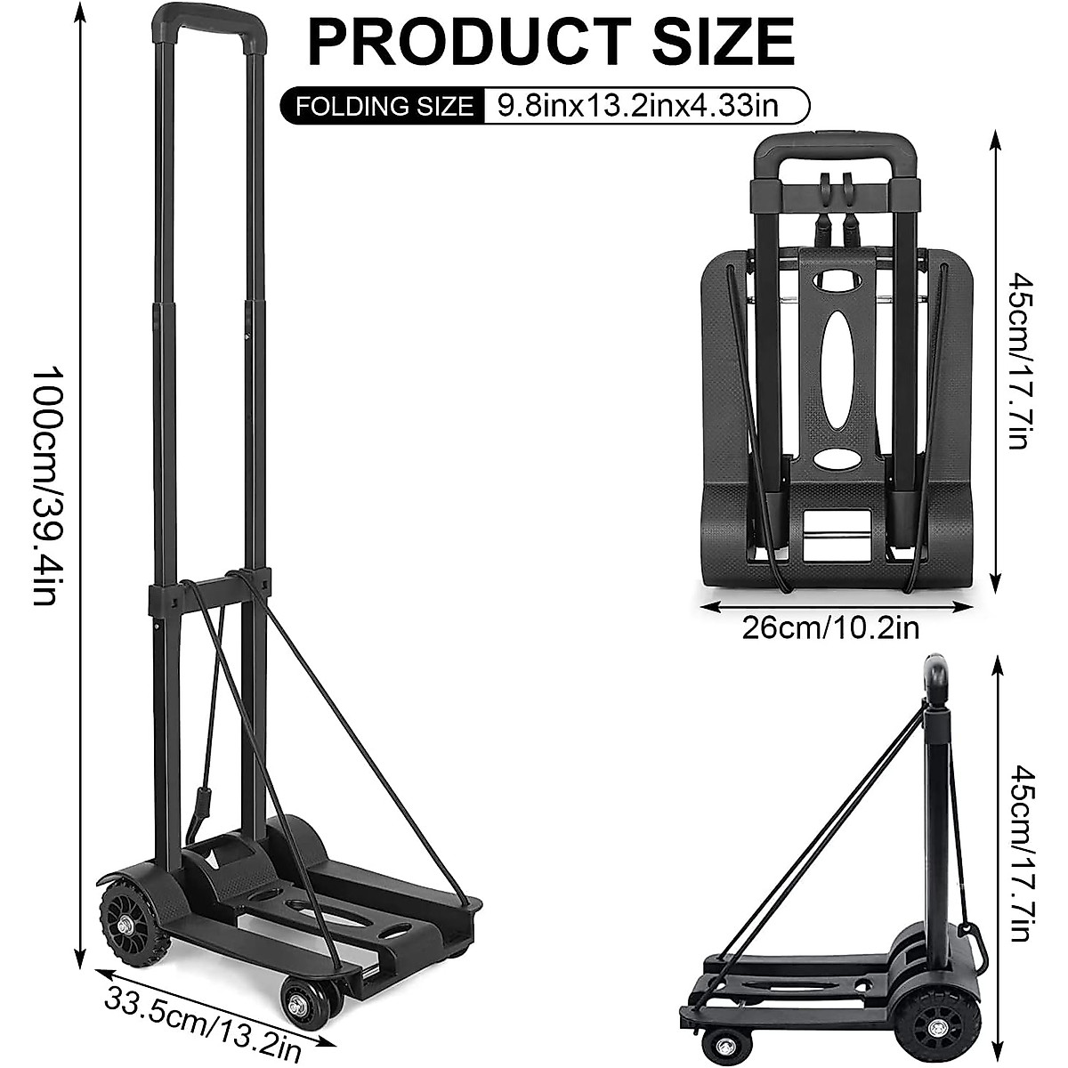 Hand Truck Dolly with 4-Wheels Folding Trolley Compact Luggage Cart for Travel, Moving and Office Use