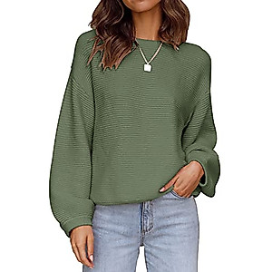 ZESICA Women's 2023 Crew Neck Long Lantern Sleeve Casual Loose Ribbed Knit Solid Soft Pullover Sweater Tops,ArmyGreen,Medium