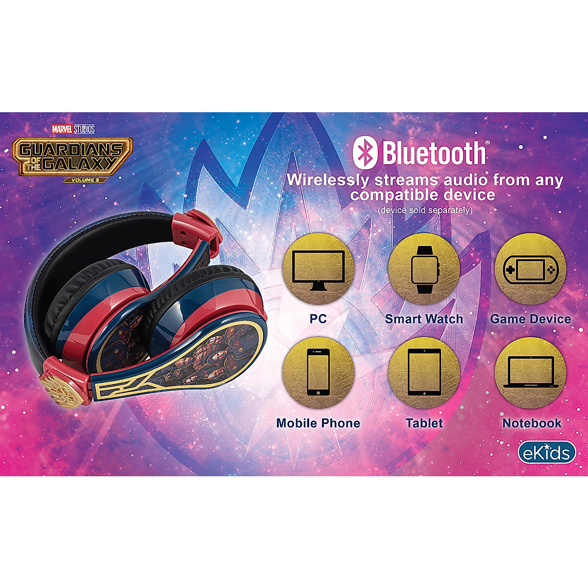 eKids Guardians of The Galaxy Kids Bluetooth Headphones, Wireless Headphones with Microphone Includes Aux Cord, Volume Reduced Kids Foldable Headphones for School, Home, or Travel