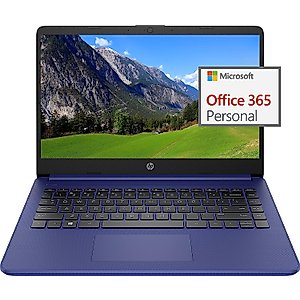 HP 2023 Stream Laptop, 14" Display, Intel Celeron N4120, 16GB RAM, 64GB eMMC + 256GB SD Card, Intel UHD Graphics 600, Wi-Fi, Bluetooth, Webcam, 1 Year Office 365, Windows 11 Home in S Mode, Blue