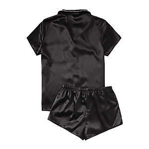 WDIRARA Women's Pajama Sets Satin Short Sleeve Down Shirts and Shorts Sleepwear PJ Set Dull Black Medium