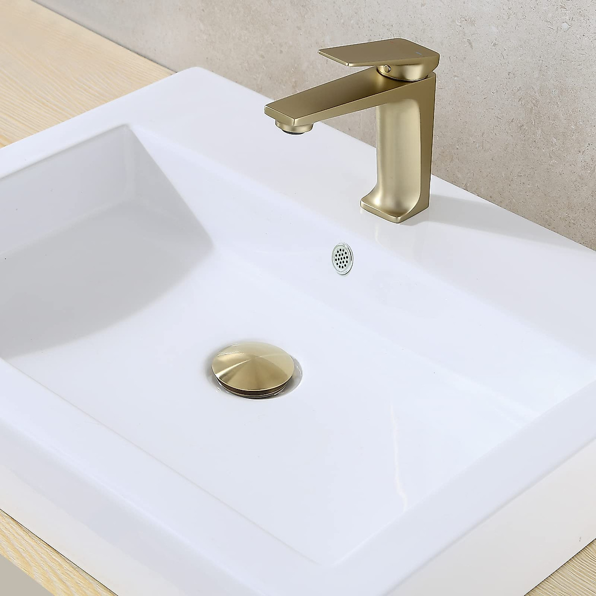 JONKEAN Pop Up Drain Stopper for Bathroom Sink, Bathroom Pop Up Drain with Overflow, Bathroom Vessel Sink Drain Assembly with Detachable Basket, Anti-Clogging Drain Strainer (Brushed Gold)